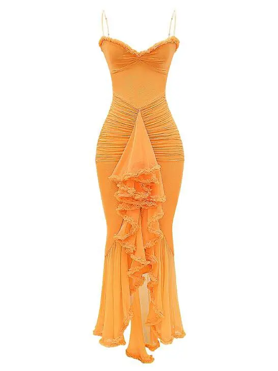 House Of Cb Ruffle-trim Stretch-woven Maxi Dress - Apricot