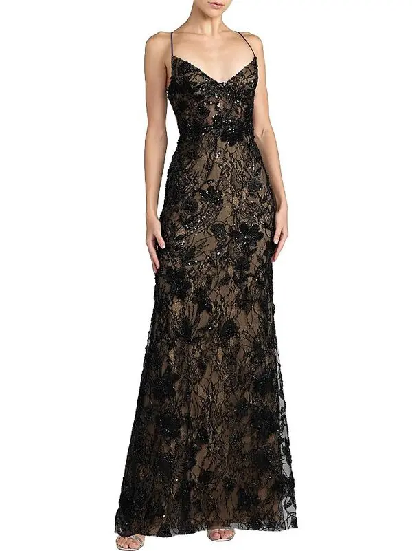 Mac Duggal Floral Embroidered Open Back Gown - Black Nude