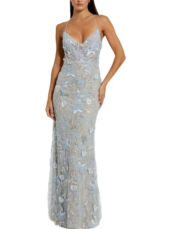 Mac Duggal Floral Embroidered Open Back Gown - Powder Blue