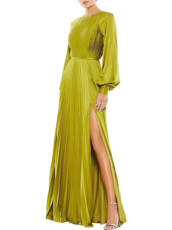 Mac Duggal Pleated High Neck Raglan Long Sleeve Gown - Apple Green