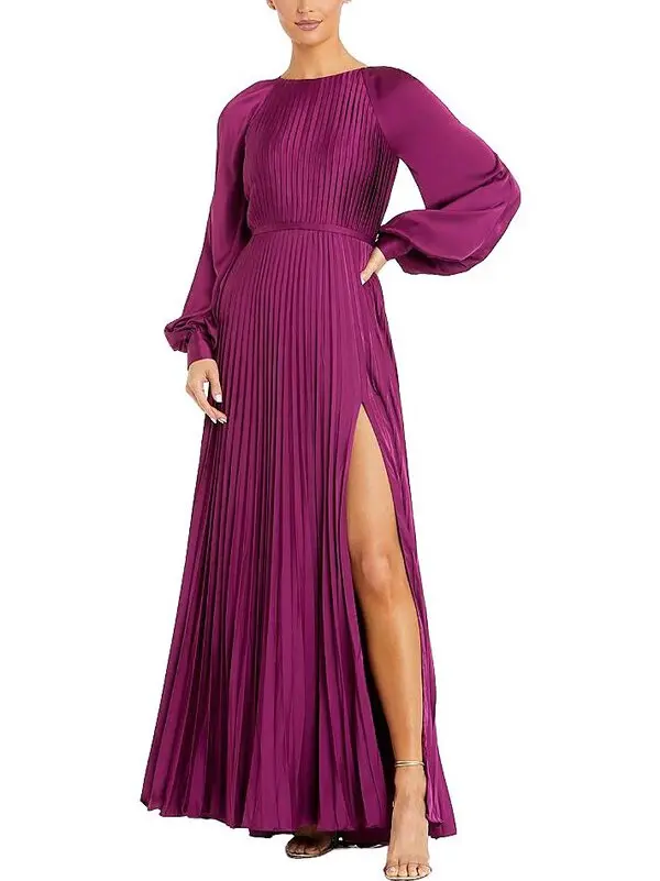 Mac Duggal Pleated High Neck Raglan Long Sleeve Gown - Berry