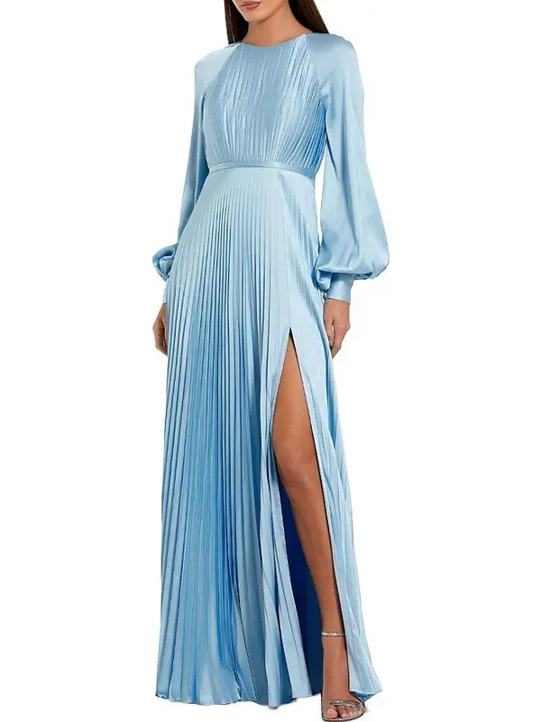 Mac Duggal Pleated High Neck Raglan Long Sleeve Side Slit Gown - Ice Blue