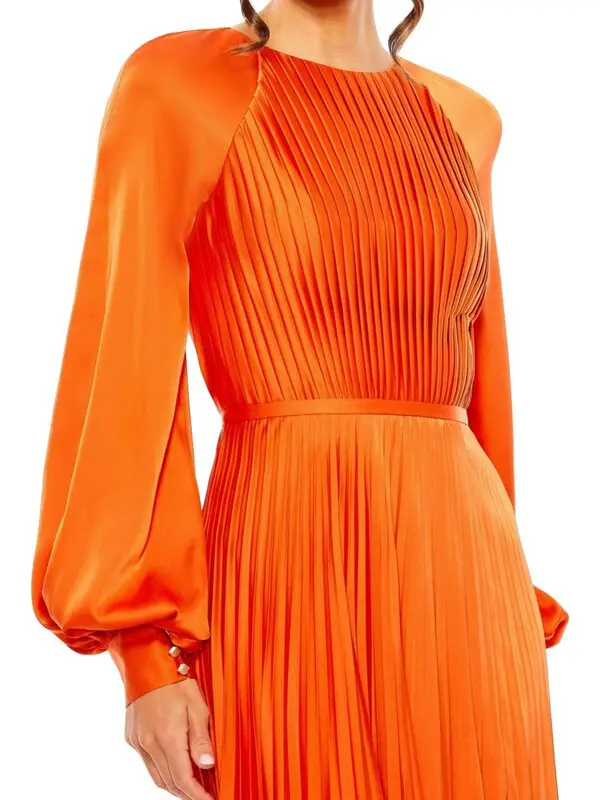 Mac Duggal Pleated High Neck Raglan Long Sleeve Side Slit Gown - Sunset