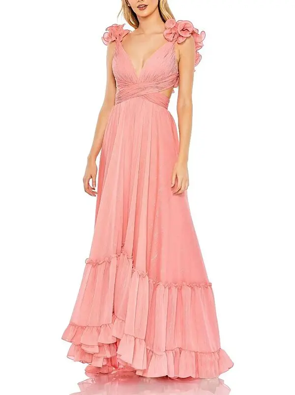 Mac Duggal Ruffle Sleeve A-line Gown - Coral