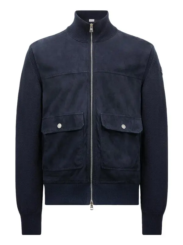 Moncler Wool, Cotton & Suede Zip-up Cardigan - Blue