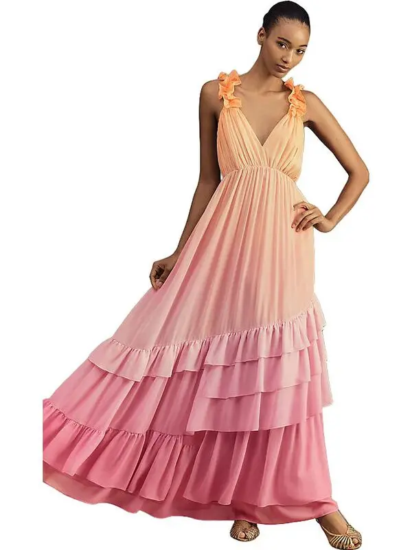 Bhldn Alivia V-neck Ruffle Maxi Dress - Ombre