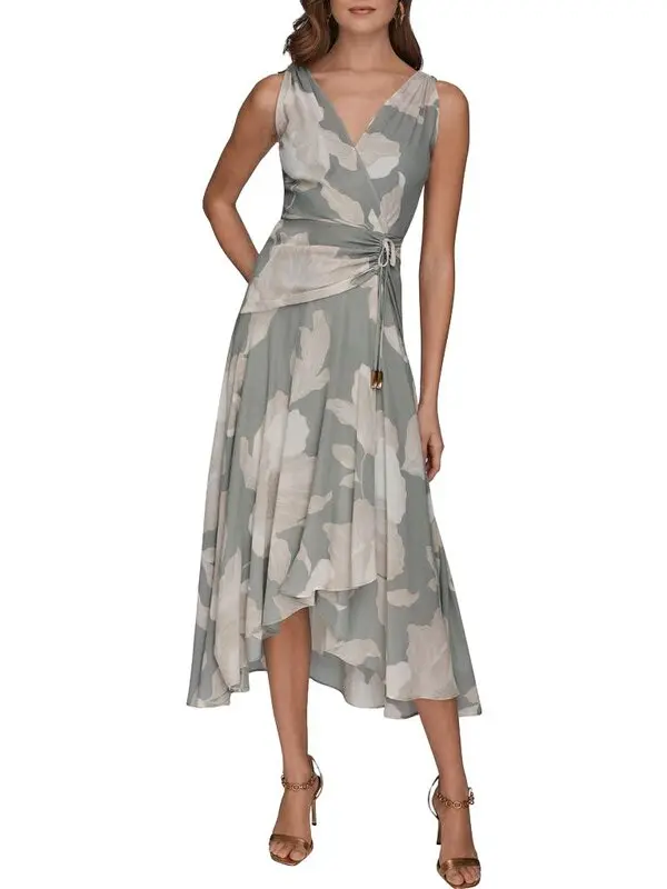 Donna Karan New York Floral Faux Wrap Midi Dress - Weathered Sage Multi