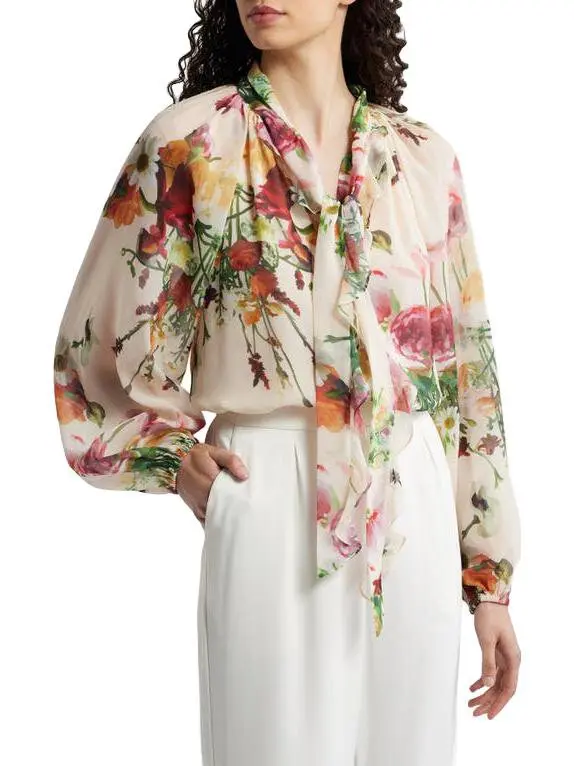 Kobi Halperin Galen Floral Tie-neck Top - Ecru Multi