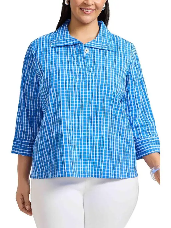 Foxcroft Sammy Crinkled Cotton-blend Top - Mineral Blue/ White