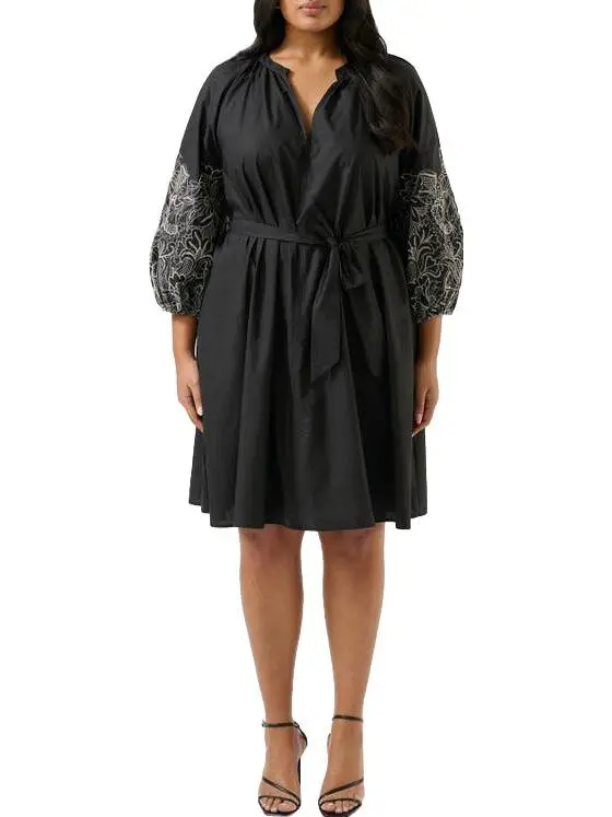 ESTELLE Cala Embroidered Sleeve Tie Waist Dress - Black
