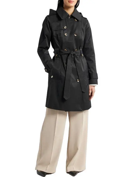 London Fog Missy Hooded Belted Trench Coat - Black