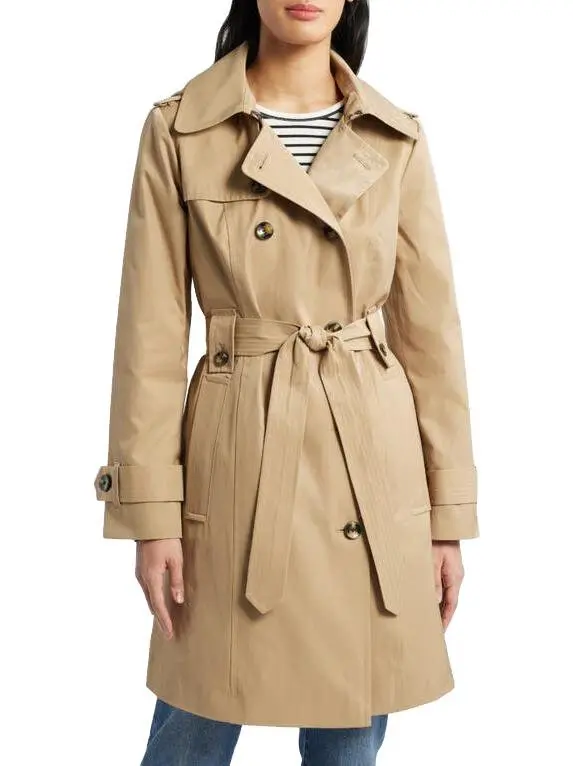 London Fog Missy Hooded Belted Trench Coat - Khaki