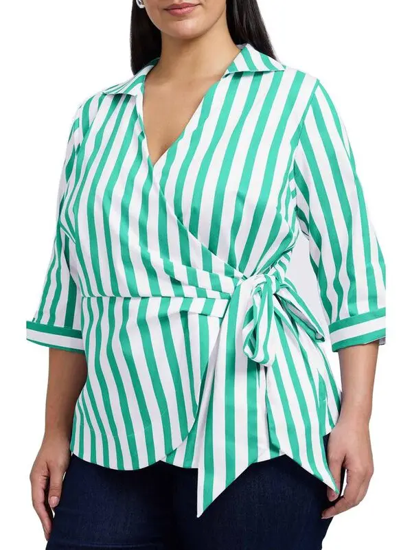 Foxcroft Salina Stripe Cotton-blend Shirt - Kelly Green/ White