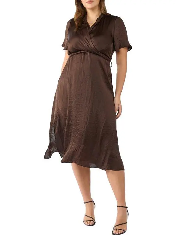 ESTELLE Mirage Oasis Satin Midi Dress - Chocolate