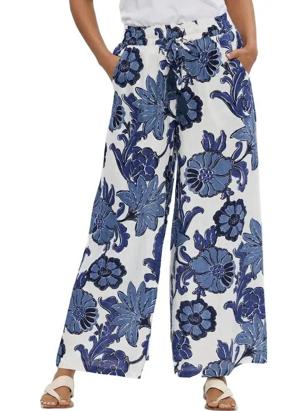 TALISMAN THE LABEL Floral Drawstring Wide Leg Pants - Navy Ibiza