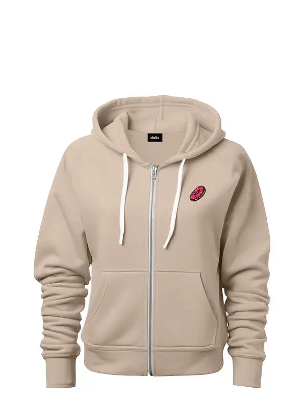 DALIX Donut Embroidered Full Zip Hoodie - Tan
