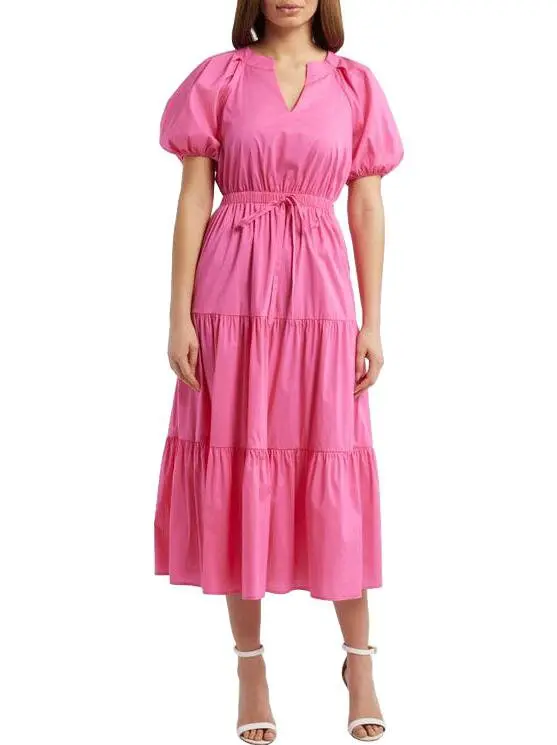 Anne Klein Tiered Puff Sleeve Midi Dress - Carmine Rose
