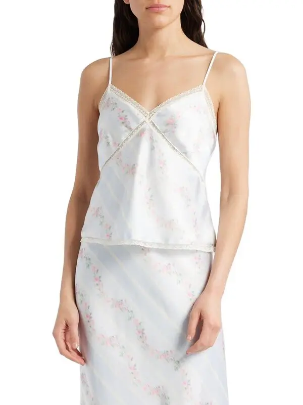 LoveShackFancy Levall Floral Lace Trim Satin Camisole - Wavecrest Blue