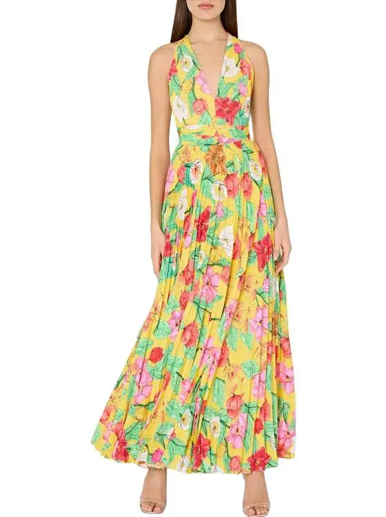 MILLY Oria Tulip Rosette Pleated Maxi Dress - Yellow Multi