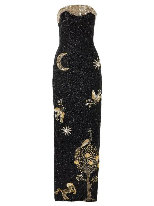 CLIO PEPPIATT Seraphina Embroidered Stretch-satin Gown - Black
