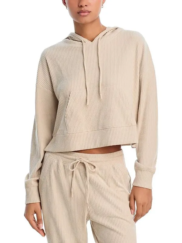 Aqua Brushed Rib Crop Hoodie - Beige