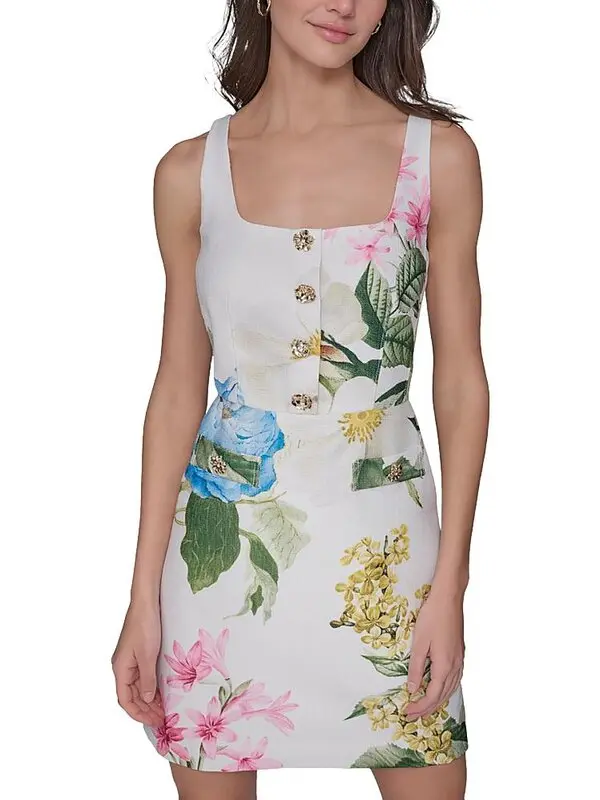 Karl Lagerfeld Paris Floral Print Sheath Dress - Soft White/french Blue