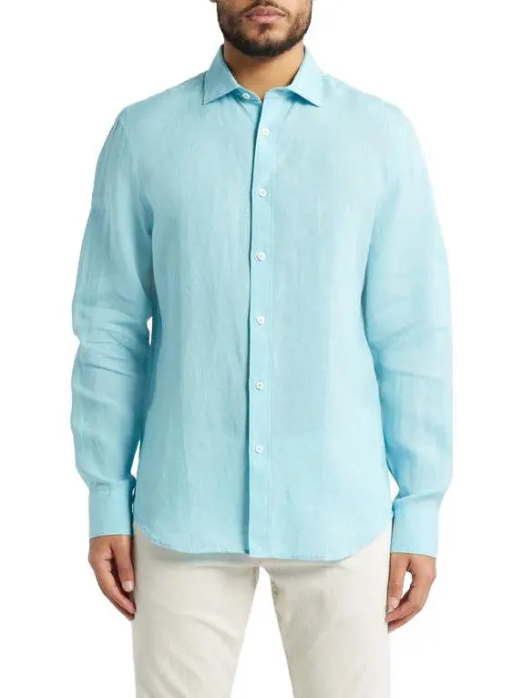 Bugatchi Axel Shaped Fit Linen Button-up Shirt - Turquoise