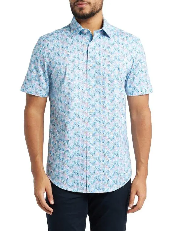 Bugatchi Miles Ooohcotton® Solid Short Sleeve Button-up Shirt - Turquoise