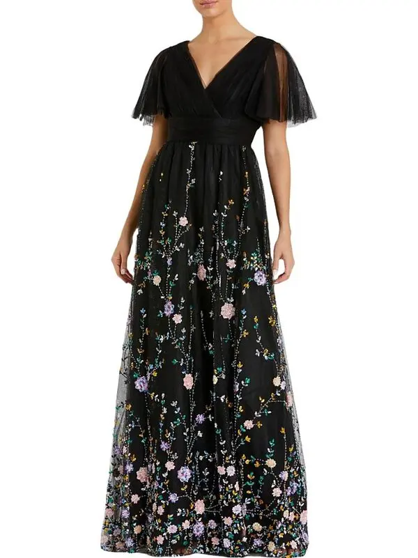 Mac Duggal Embellished Illusion Butterfly Sleeve Gown - Black Multi
