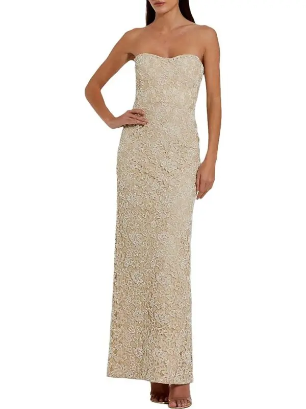 Mac Duggal Strapless Beaded Lace Column Gown - Beige
