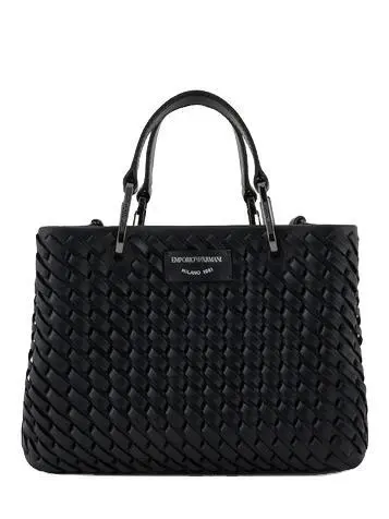 Emporio Armani Myea Small Shopper Bag In Interwoven Leather - Black