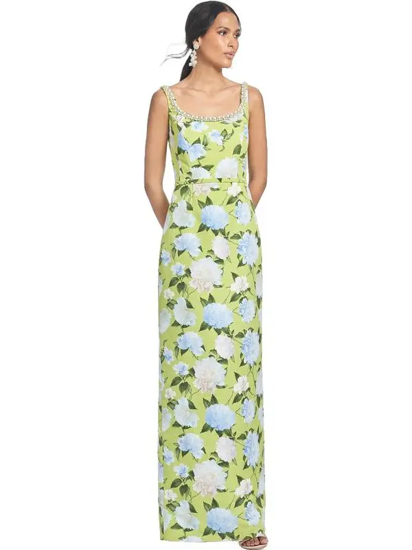 Sachin & Babi Floral Print Column Gown With Beaded Neckline And Belt - Natural