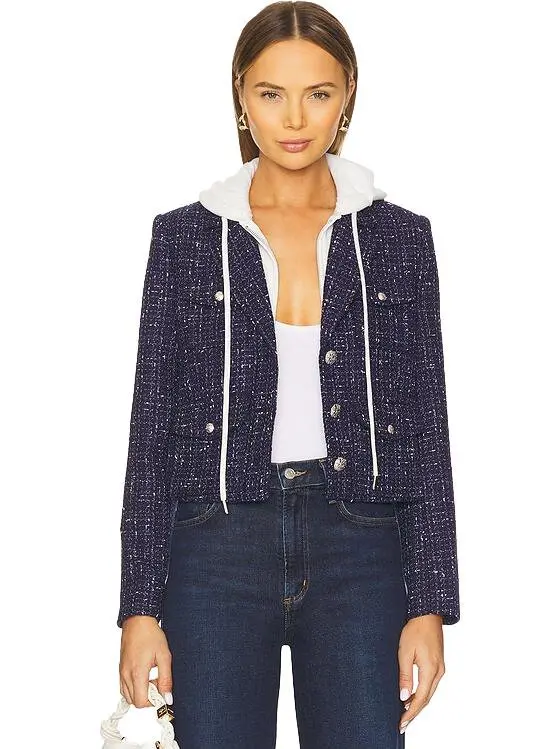 Central Park West Cropped Tweed Dickie Blazer With Attached Hoodie - Navy