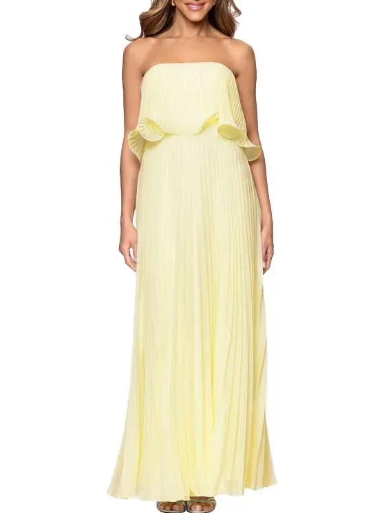 Betsy & Adam Pleated Strapless Chiffon Gown - Butter