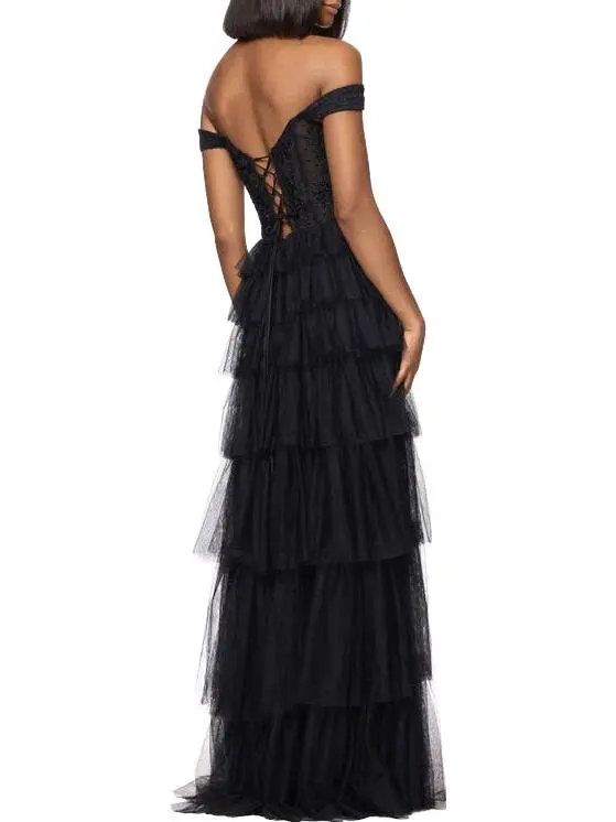 BLONDIE NITES Tiered Ruffle Corset Gown - Black