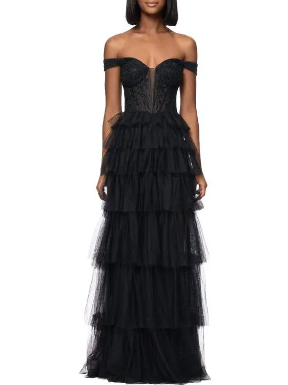 BLONDIE NITES Tiered Ruffle Corset Gown - Black