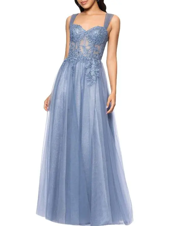 BLONDIE NITES Lace Embellished Corset Glitter Tulle Gown - Slate
