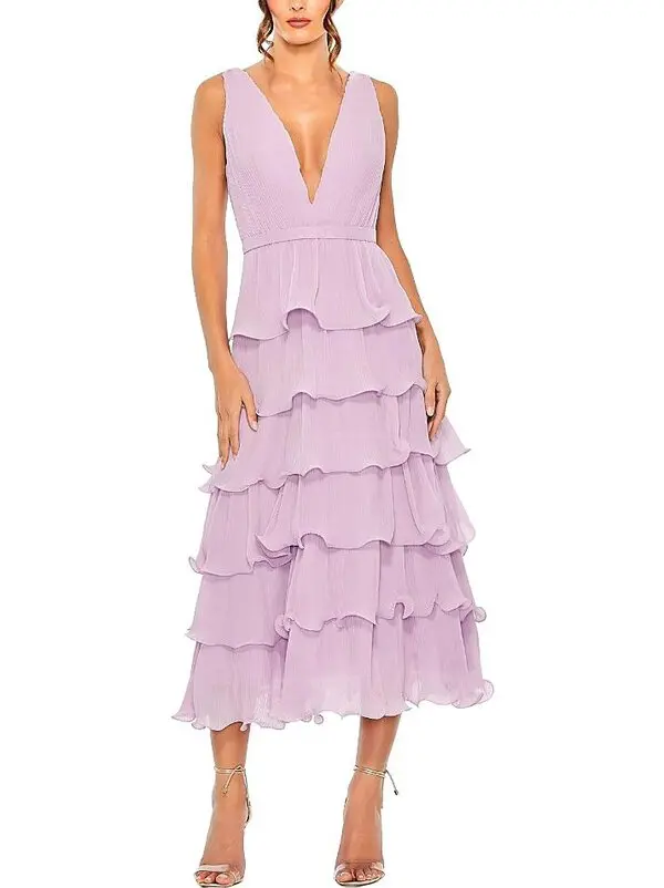 Mac Duggal Deep V Chiffon Ruffle Midi Dress - Orchid
