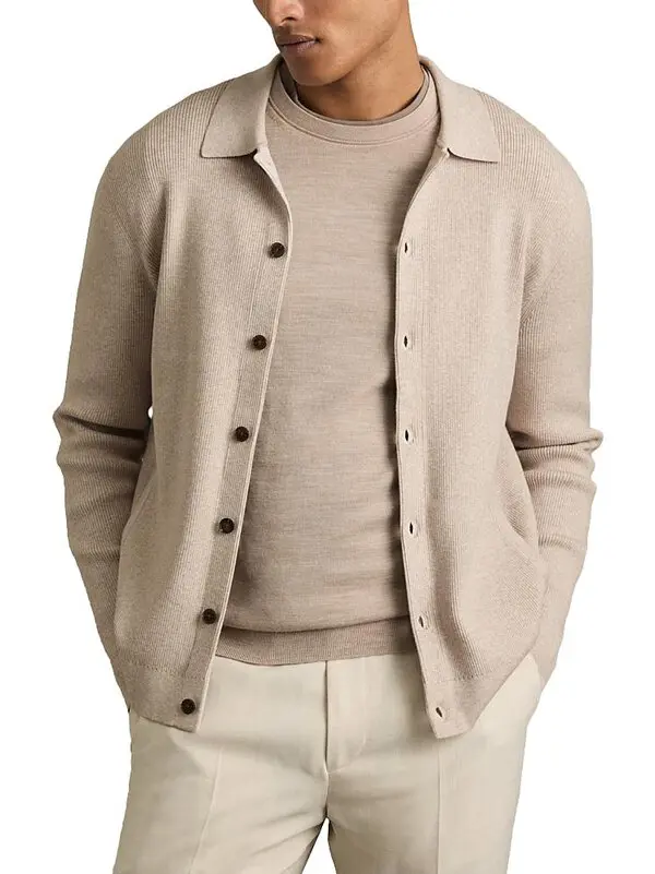 REISS Saint Long Sleeve Fine Rib Button-up Cardigan - Oatmeal Melage