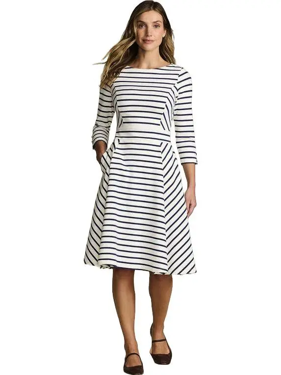 LANDS' END Starfish 3/4 Sleeve Midi Dress - Ivory/deep Sea Breton Stripe