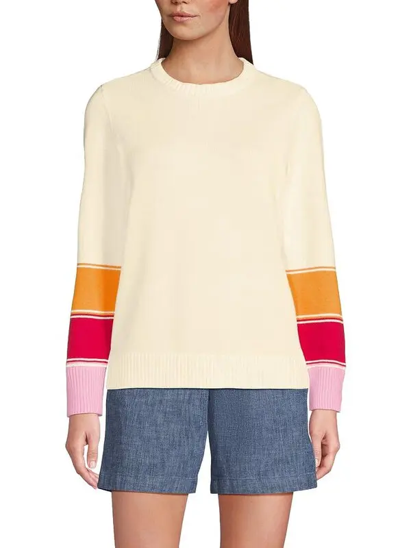 LANDS' END Cotton Drifter Crew Neck Embroidered Sweater - Fresh Ivory Stripe
