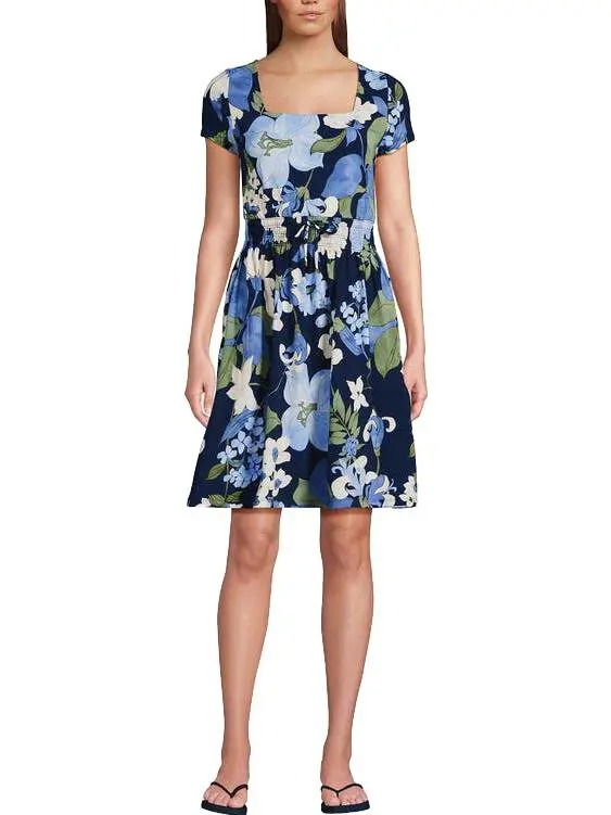 LANDS' END Cotton Modal Smocked Waist Dress - Deep Sea Navy Lilies