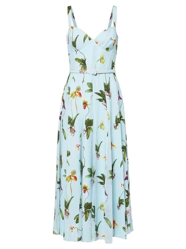 Oscar De La Renta Floral Print Belted Cady Midi Dress - Blue