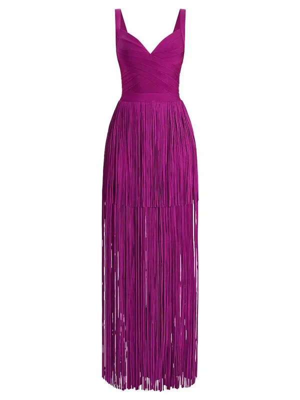 Herve Leger Blanca Tiered Fringe Gown - Dark Orchid