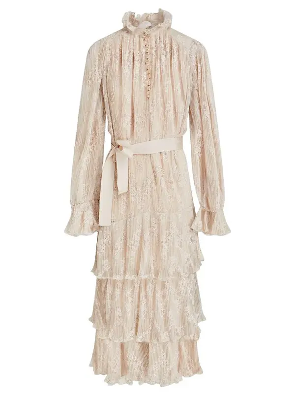 Zimmermann Belted Ruffled Corded Lace Midi Dress - Cream