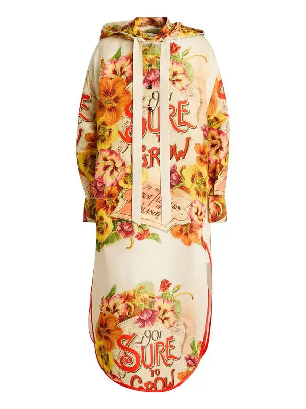 Zimmermann Printed Linen And Silkblend Hooded Kaftan - Beige