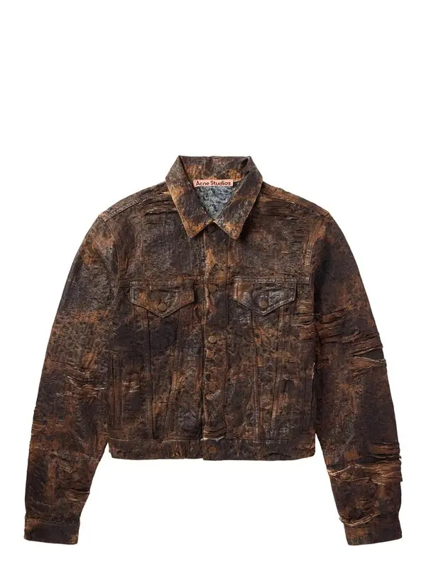 Acne Studios Oraya Slim-fit Cropped Distressed Coated-denim Jacket - Brown