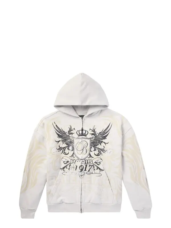 Balenciaga Tacky Embellished Metallic Logo-print Zip-up Hoodie - Neutrals