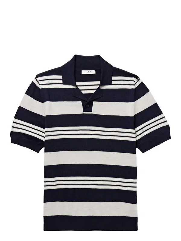 Mr P. Camp-collar Striped Merino Wool Polo Shirt - Blue