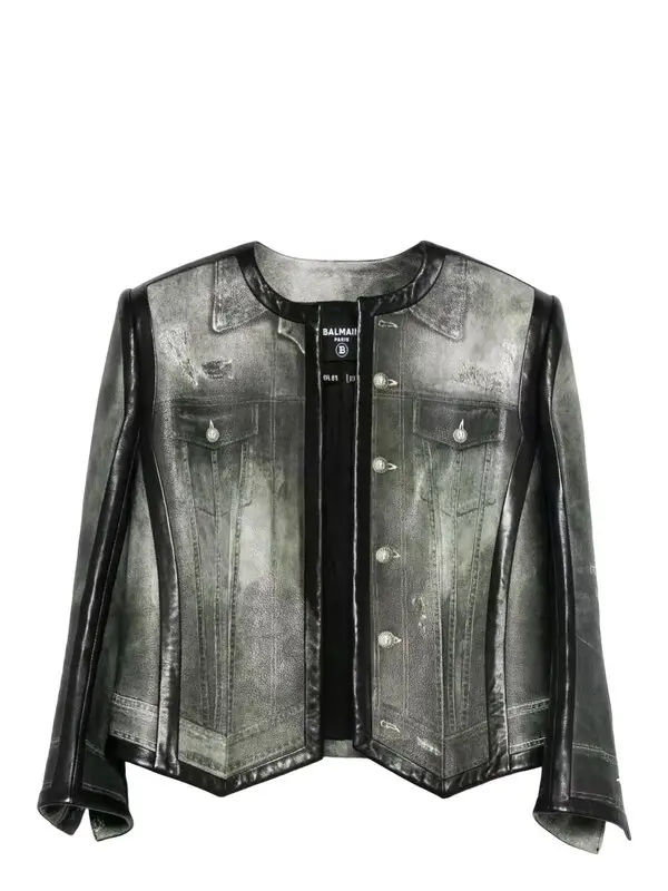 Balmain Denim-print Leather Jacket - Grey
